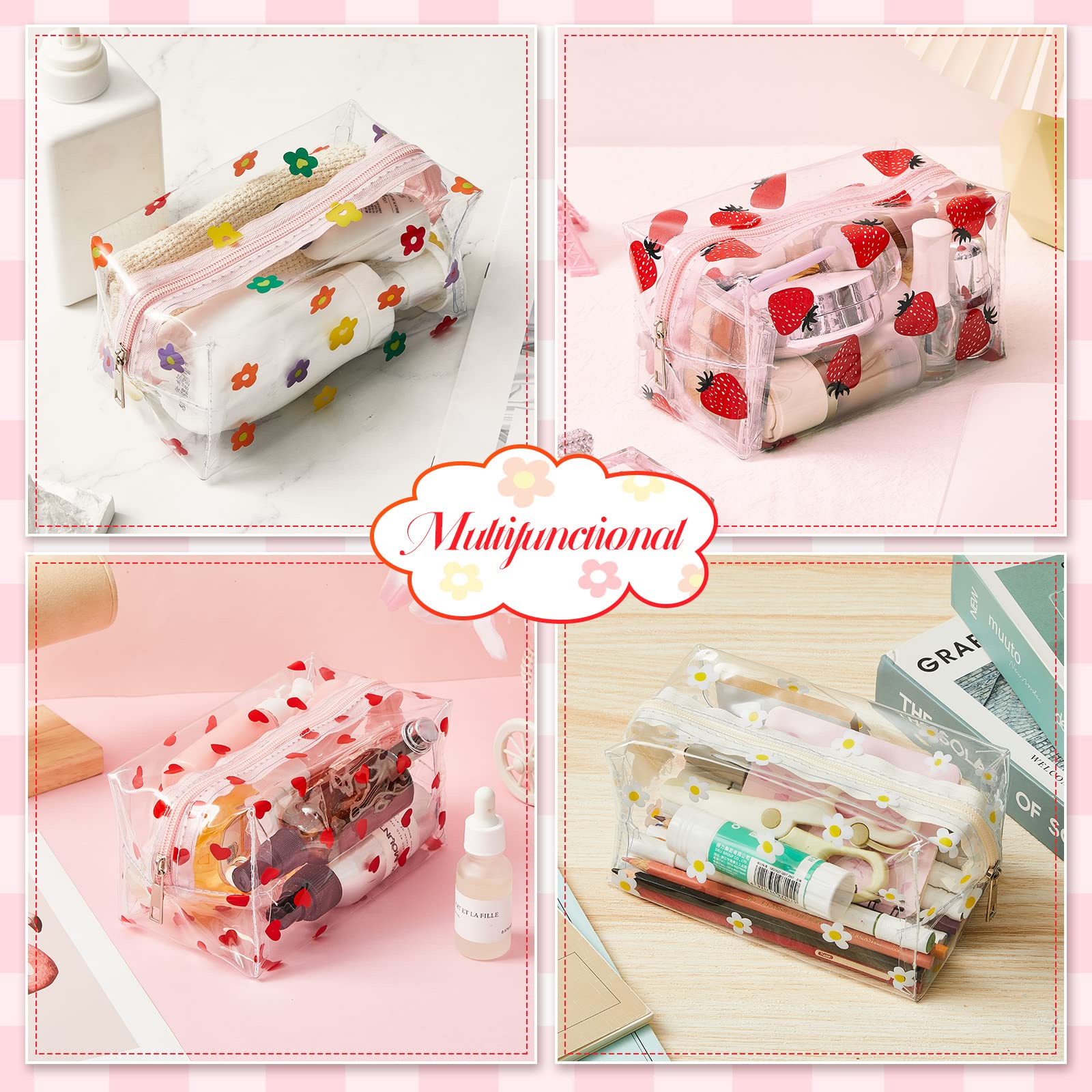 Henoyso 4 Pcs Clear Small Makeup Bag with Zipper Cute Flower Daisy Heart Strawberry Cosmetic Bags Transparent Makeup Pouch Cartoon Pencil Case Waterproof Toiletry Organizer for Travel