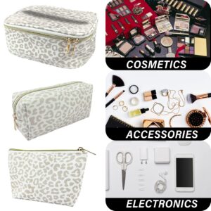 Deokke 3Pcs Makeup Bag,Travel Makeup Bag,Makeup Bags for Women,Makeup Brush Bag,Large Capacity PU Cosmetic Bag,Waterproof and Durable-Grey White Leopard Cheetah Pattern