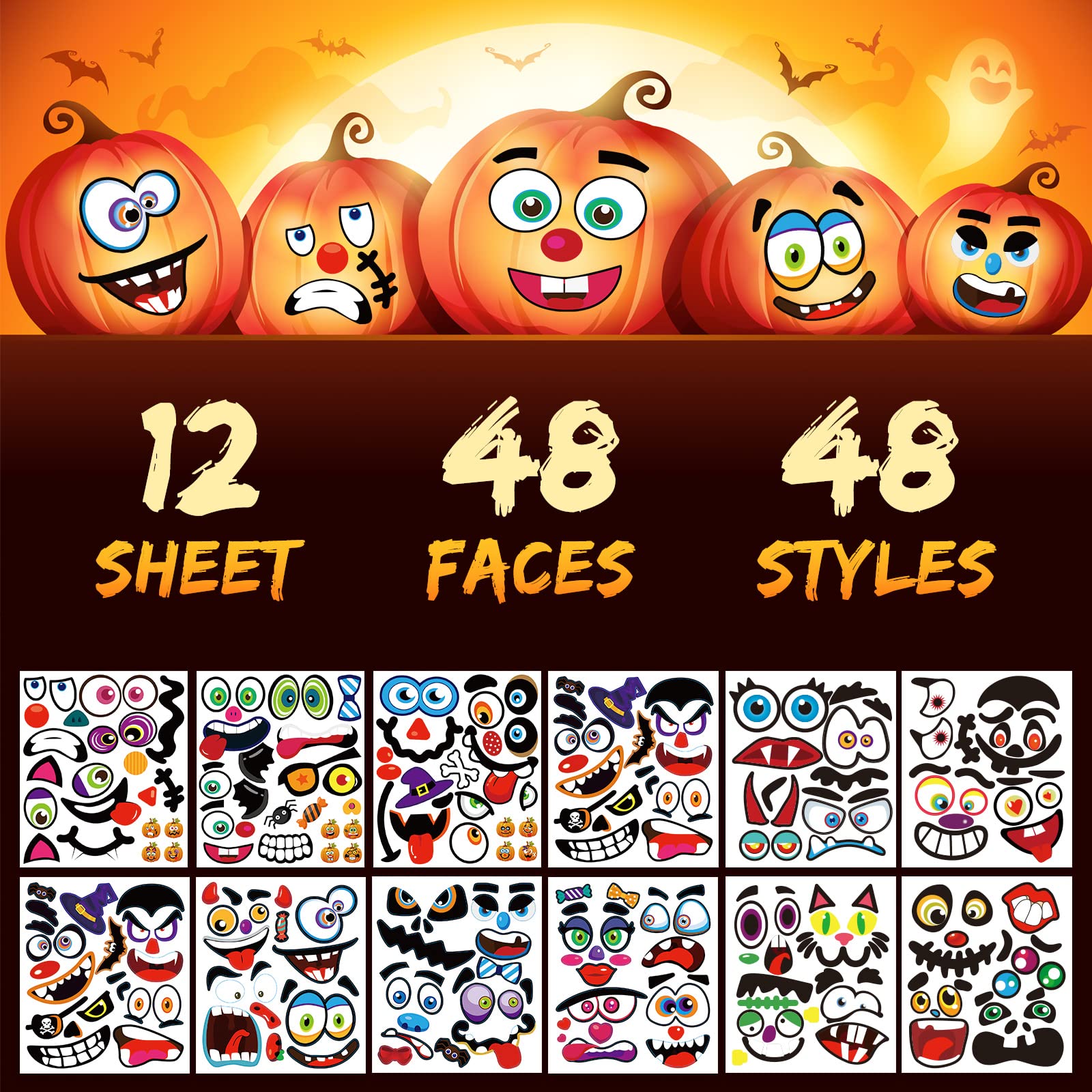 Pumpkin Decorating Kit for Kids 48 Different Pumpkin Faces Stickers Halloween Pumpkin Stickers Halloween Pumpkin Decor for Kids Make 48 Pumpkins