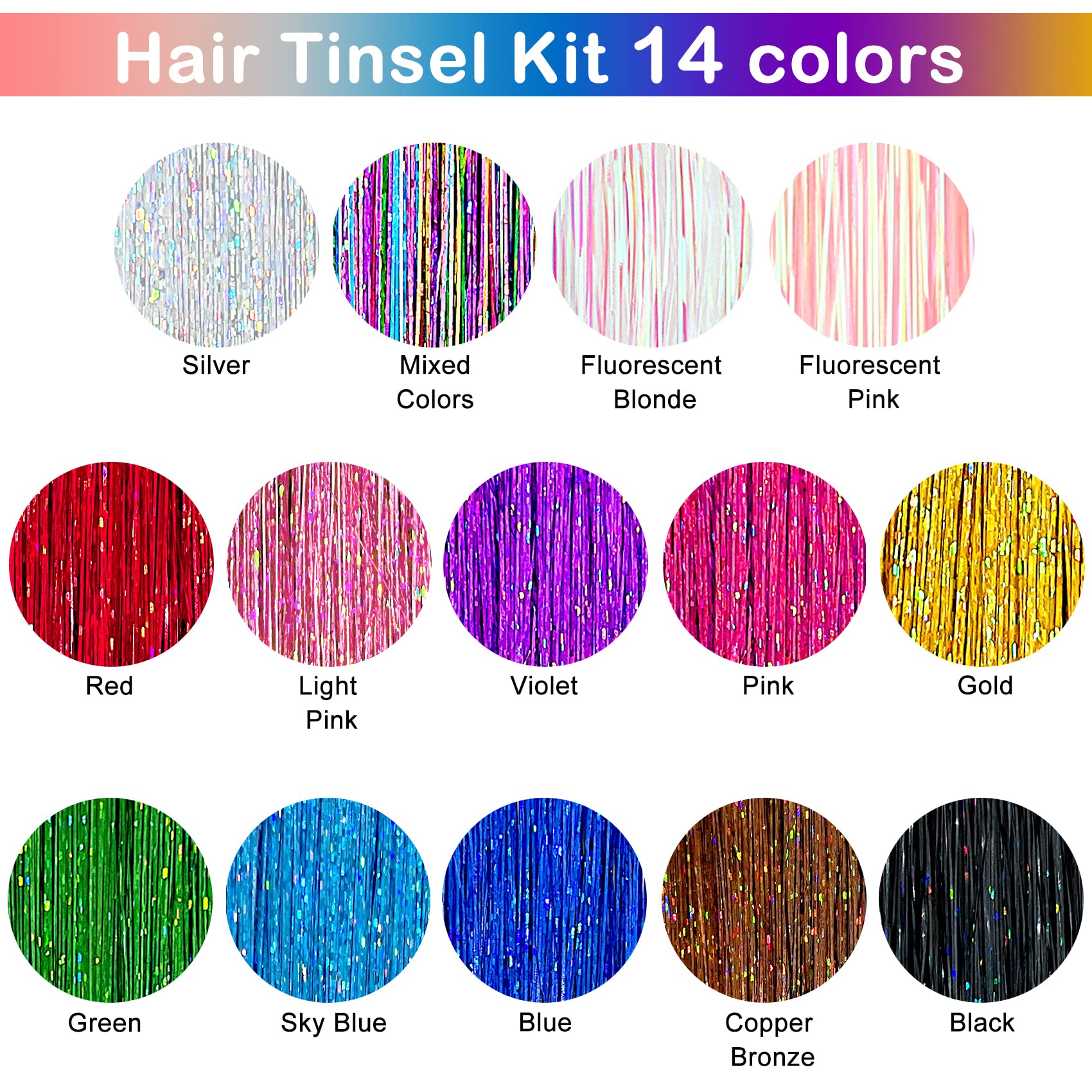 Hair Tinsel Kit (48 Inch,14 Colors, 3500 strands), Tinsel Hair Extensions with Tools, Heat Resistant Fairy Hair Tinsel Kit for Women Hair Accessories