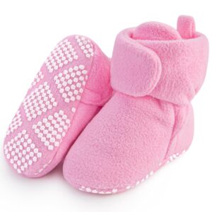 pro goleem fleece baby booties, warm cozy baby slippers, stay on sock shoes, easy to put on, unisex baby gifts, soft non-slip adjustable newborn boots for boys and girls 12-18 months, pink