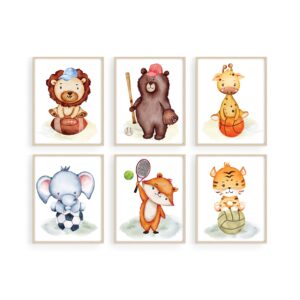 safari animal prints nursery - animal nursery wall art, safari nursery kids prints - baby animals nursery decor, little boys wall art - jungle nursery sports themed zoo animals - set of 6 (8x10)