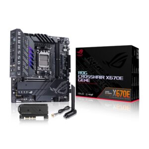 asus rog crosshair x670e gene wifi 6e socket am5(lga 1718) ryzen 7000 matx gaming motherboard (16+2 power stages, pcie® 5.0, ddr5,usb 3.2 gen 2x2 front-panel, usb4® ports, wi-fi 6e)