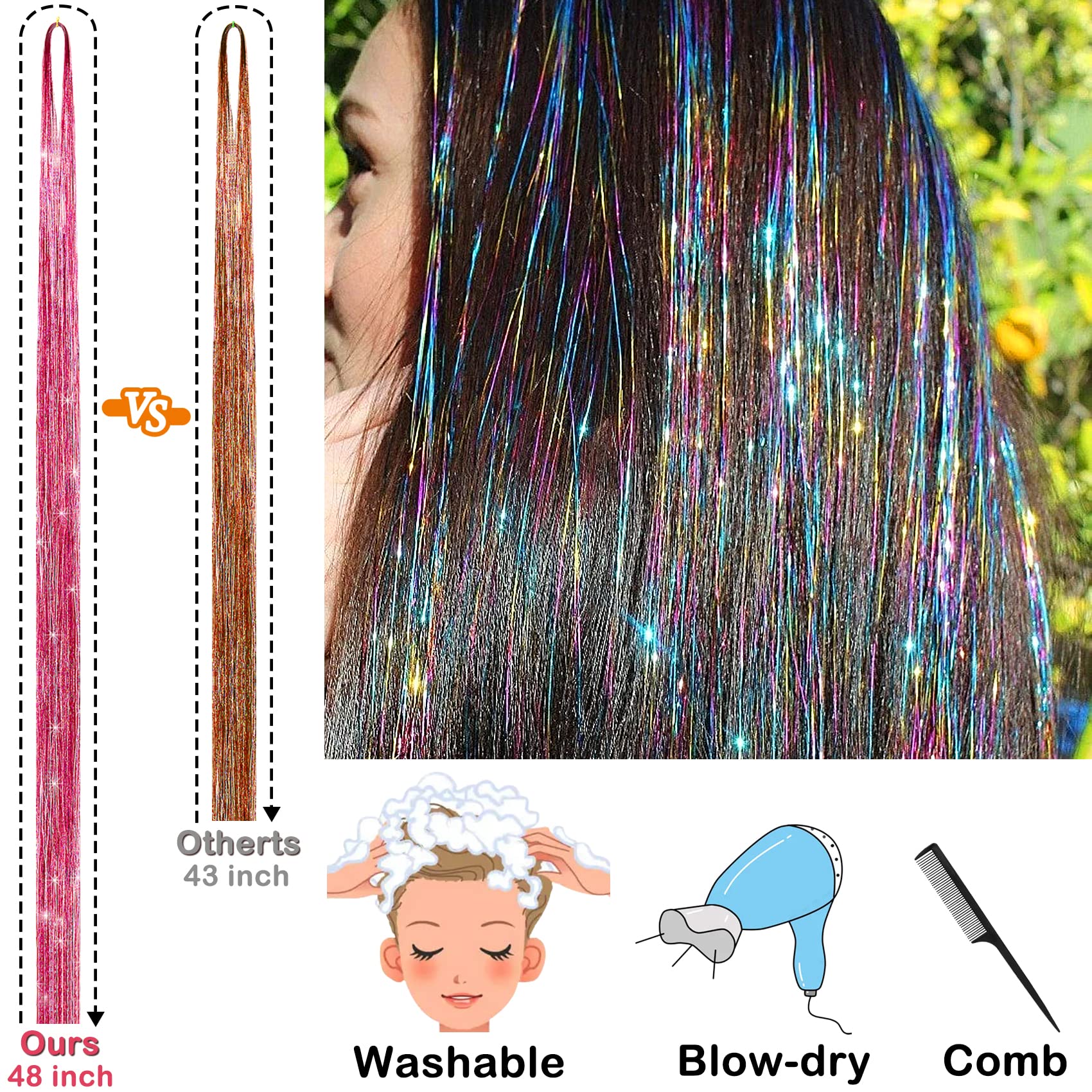 Hair Tinsel Kit (48 Inch,14 Colors, 3500 strands), Tinsel Hair Extensions with Tools, Heat Resistant Fairy Hair Tinsel Kit for Women Hair Accessories