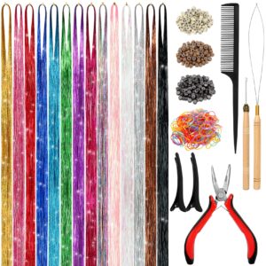 hair tinsel kit (48 inch,14 colors, 3500 strands), tinsel hair extensions with tools, heat resistant fairy hair tinsel kit for women hair accessories