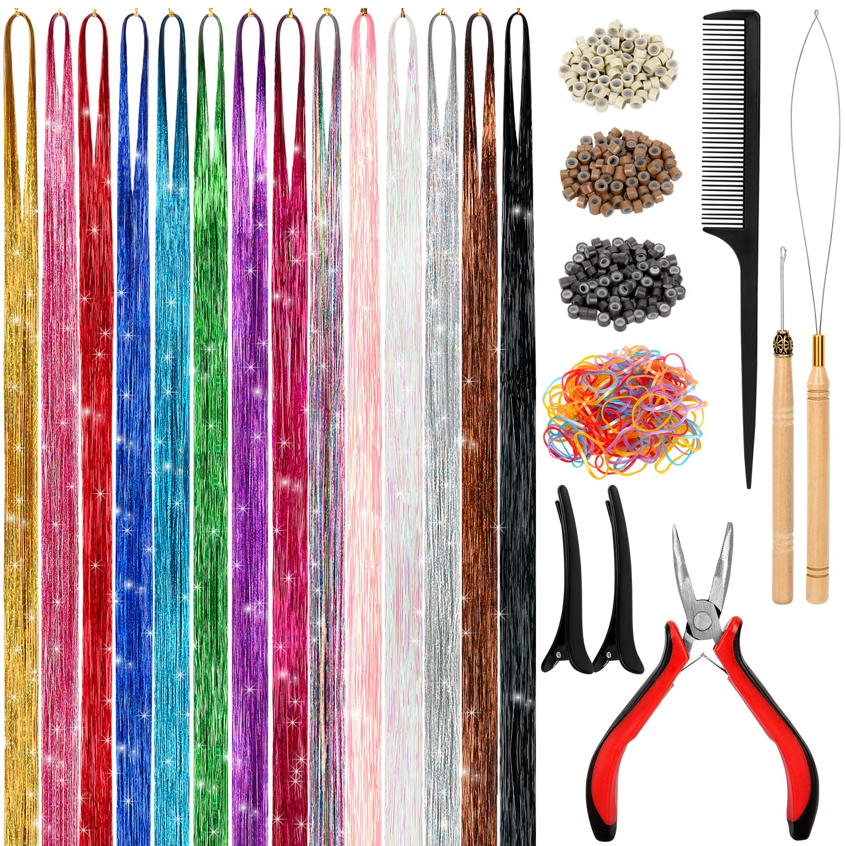 Hair Tinsel Kit (48 Inch,14 Colors, 3500 strands), Tinsel Hair Extensions with Tools, Heat Resistant Fairy Hair Tinsel Kit for Women Hair Accessories