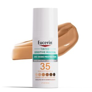 eucerin sun tinted mineral face sunscreen lotion spf 35, non-comedogenic mineral sunscreen with gentle zinc oxide protection for sensitive skin, 1.7 fl oz bottle