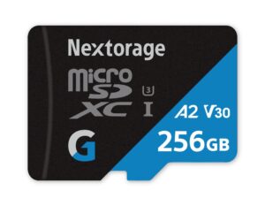 nextorage japan 256gb a2 v30 cl10 micro sd card for nintendo switch, steam deck, smartphones, gaming, go pro, 4k video, microsdxc memory card uhs-i u3 up to 100mb/s, with adapter (g-series)