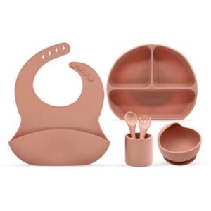 6 piece baby & toddler feeding set | silicone suction divided plate, bib, bowl, cup, utensil fork and spoon set (apricot)