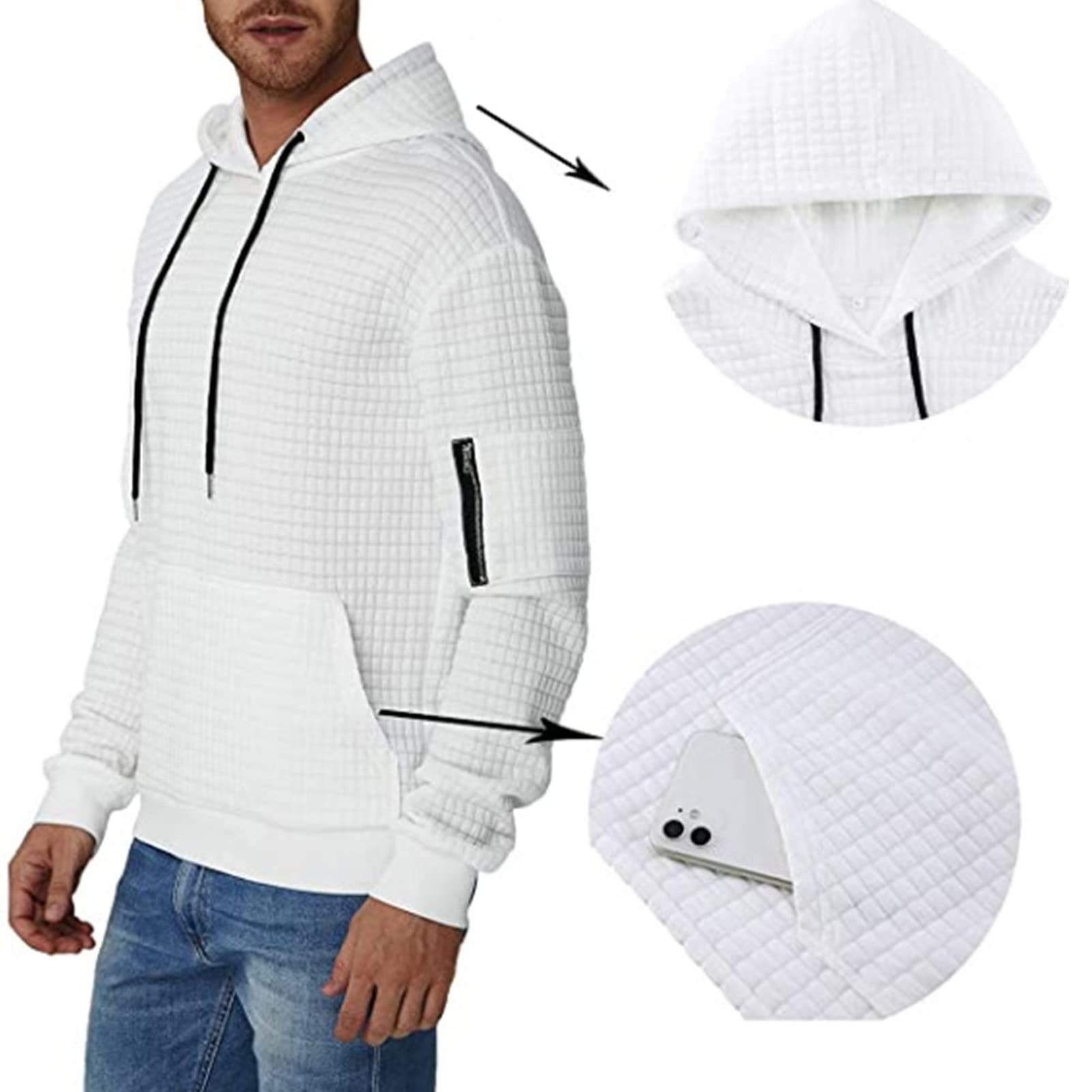 Maiyifu-GJ Men's Plaid Jacquard Pullover Hoodies Long Sleeve Gym Hooded Sweatshirts Casual Drawstring Hoodie with Pocket (White,Medium)