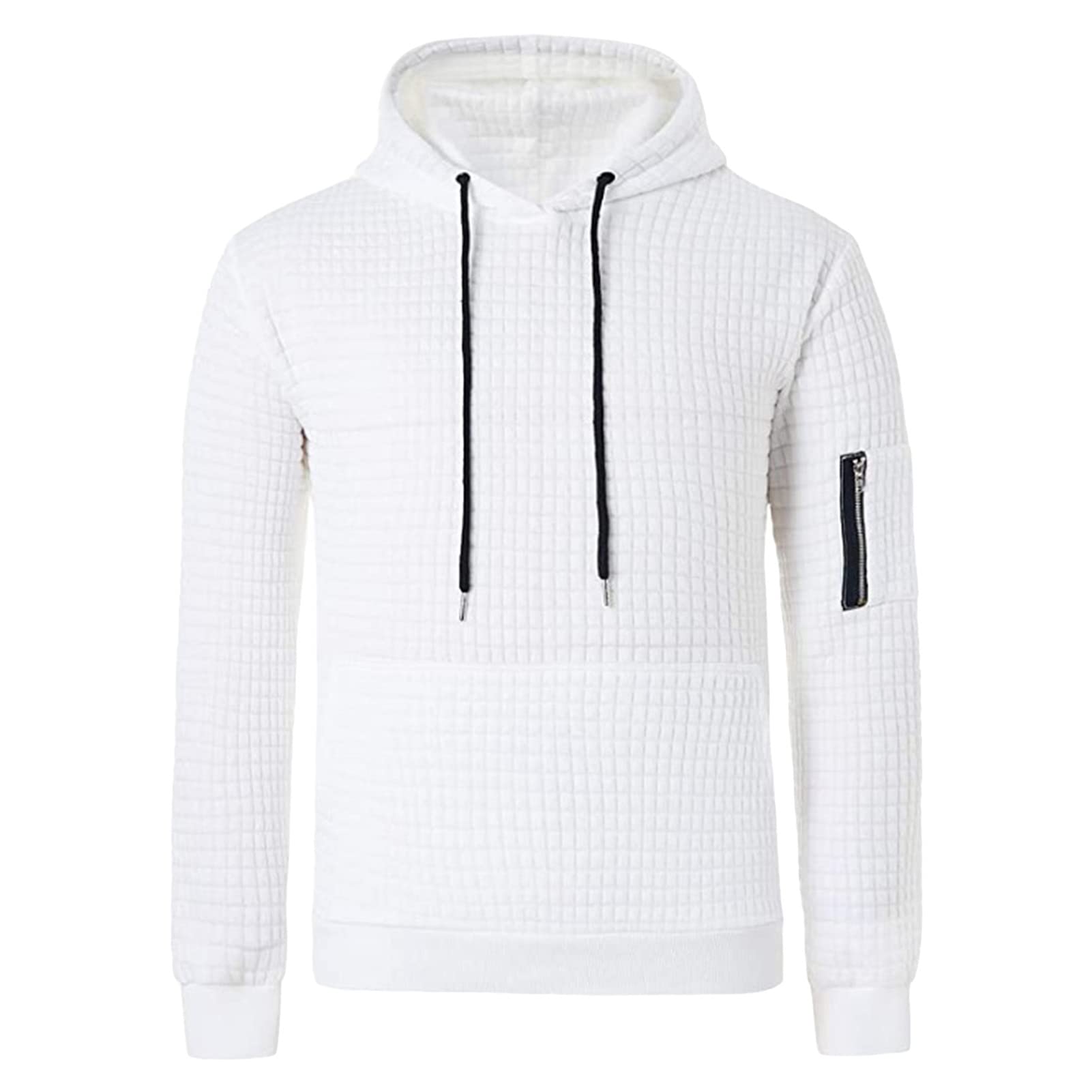 Maiyifu-GJ Men's Plaid Jacquard Pullover Hoodies Long Sleeve Gym Hooded Sweatshirts Casual Drawstring Hoodie with Pocket (White,Medium)