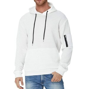 Maiyifu-GJ Men's Plaid Jacquard Pullover Hoodies Long Sleeve Gym Hooded Sweatshirts Casual Drawstring Hoodie with Pocket (White,Medium)