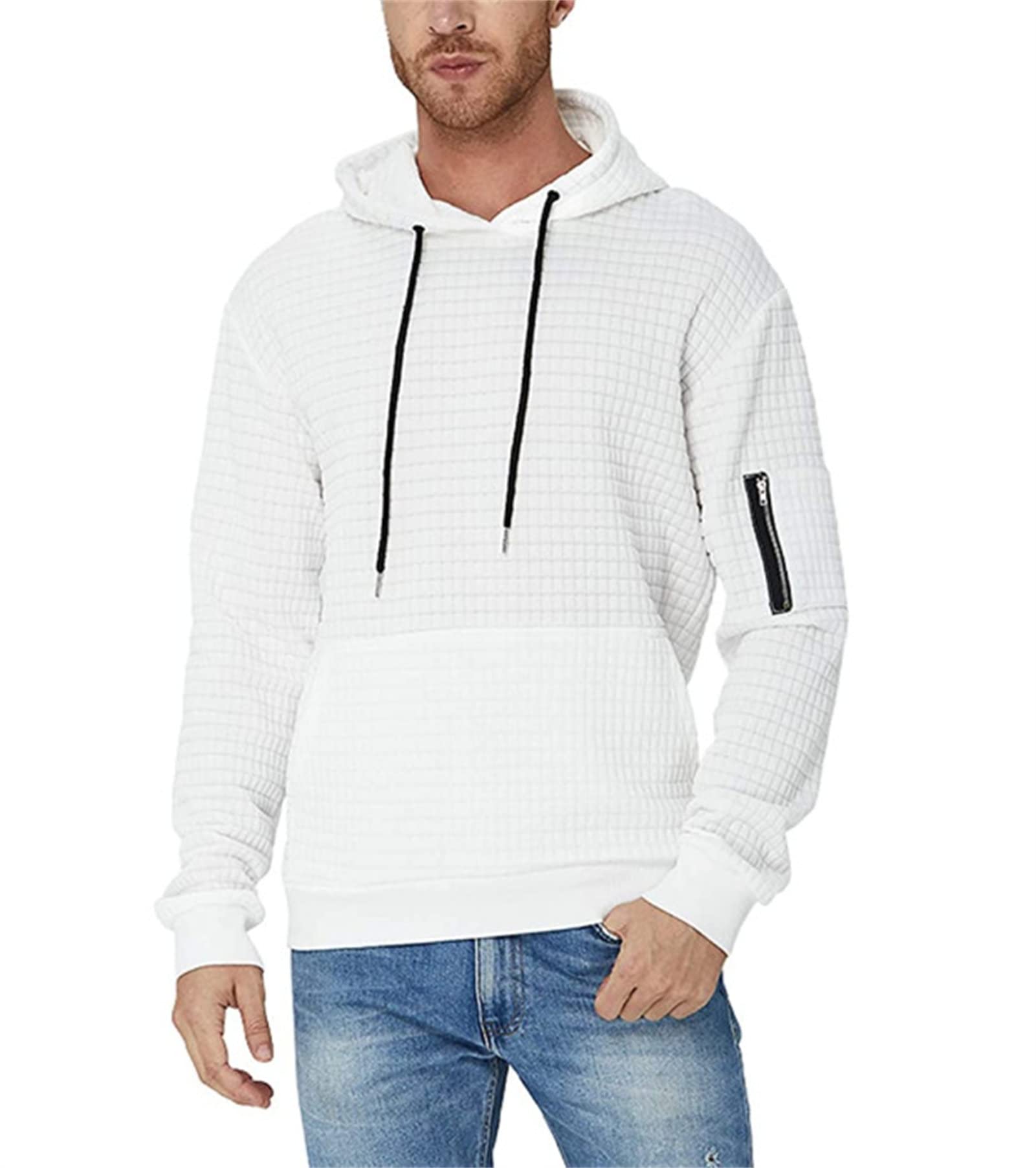 Maiyifu-GJ Men's Plaid Jacquard Pullover Hoodies Long Sleeve Gym Hooded Sweatshirts Casual Drawstring Hoodie with Pocket (White,Medium)