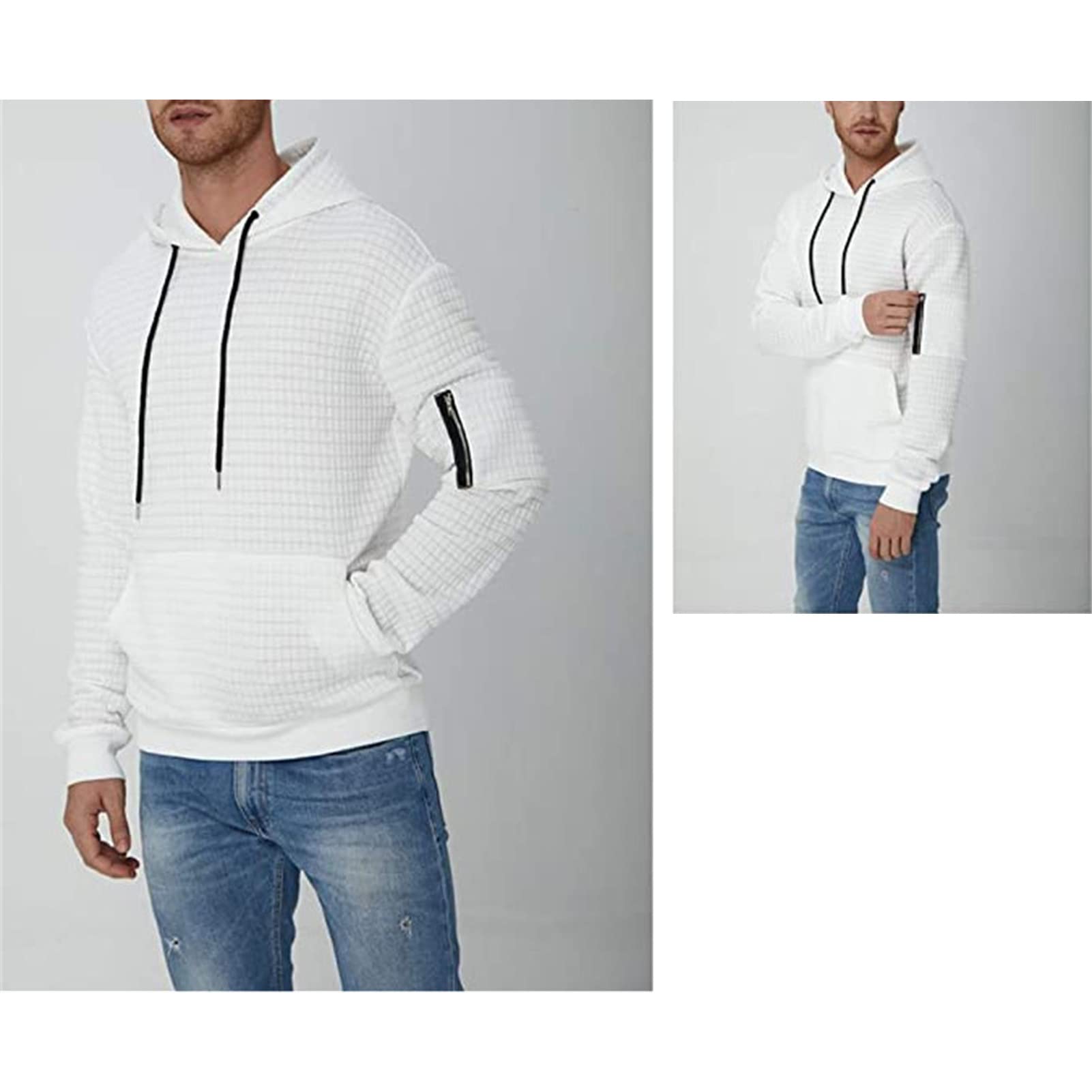 Maiyifu-GJ Men's Plaid Jacquard Pullover Hoodies Long Sleeve Gym Hooded Sweatshirts Casual Drawstring Hoodie with Pocket (White,Medium)