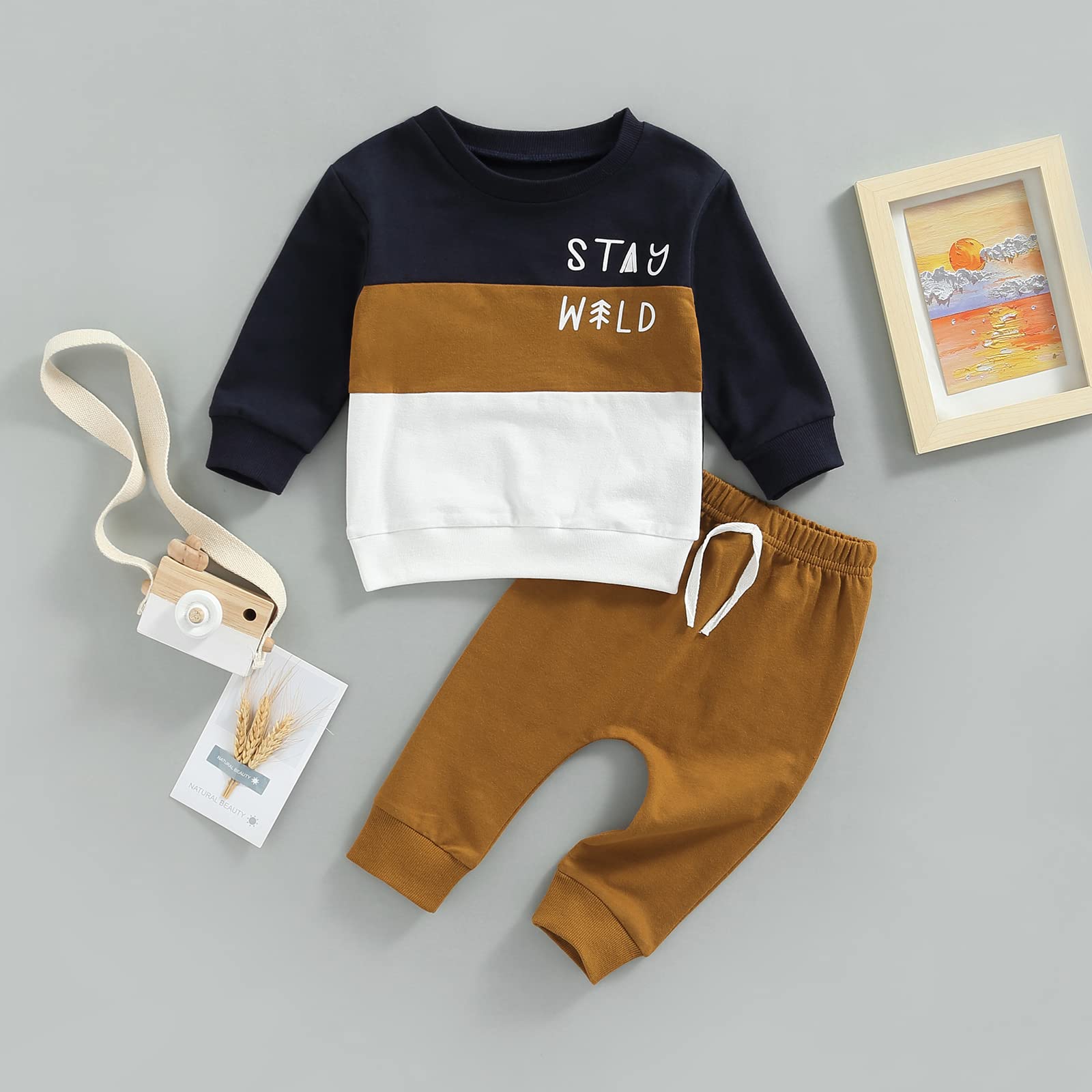 Rtnnsbbfcm Baby Boy Spring Fall Clothes Long Sleeve Color Block Patchwork Shirt Top Sweatpants 2Pcs Casual Outfit (18-24 Months,Black White Brown)