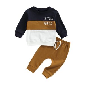 rtnnsbbfcm baby boy spring fall clothes long sleeve color block patchwork shirt top sweatpants 2pcs casual outfit (18-24 months,black white brown)