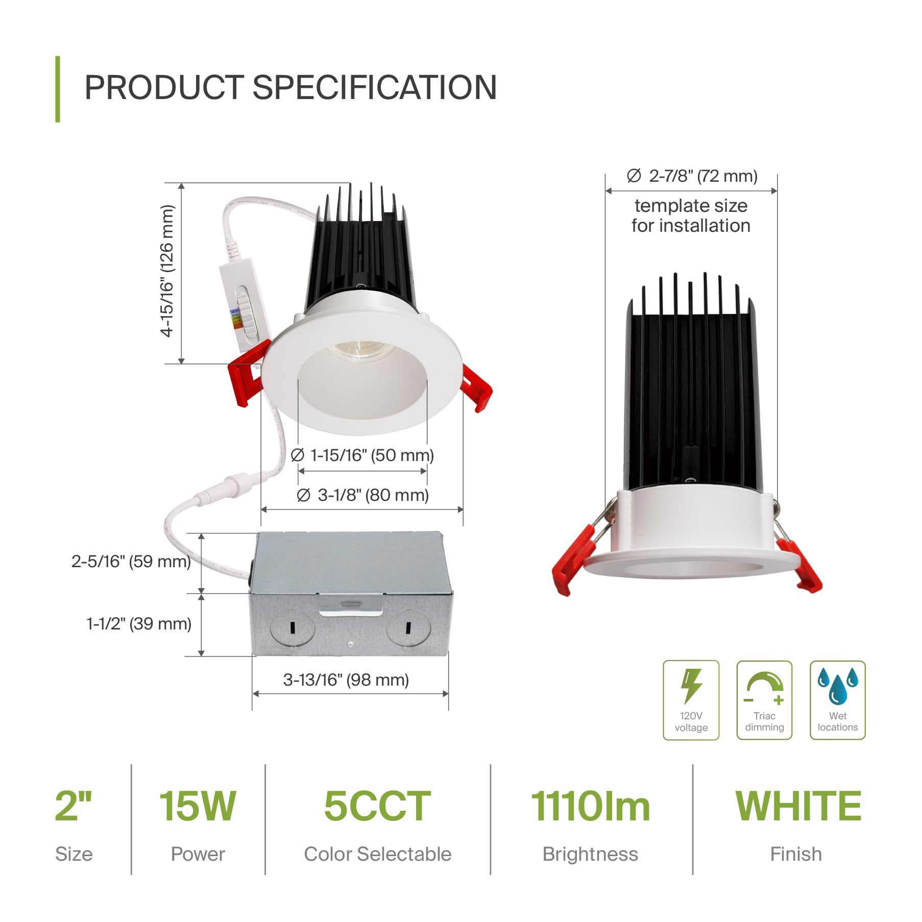 ASD 2 Inch LED Recessed Lighting, 15W 120V LED Downlight, 5 CCT 2700K-5000K, Canless Dimmable LED Downlights for Ceiling with J-Box, Smooth Reflector, CRI 90+, IC Rated, ETL Energy Star, White 18 Pack