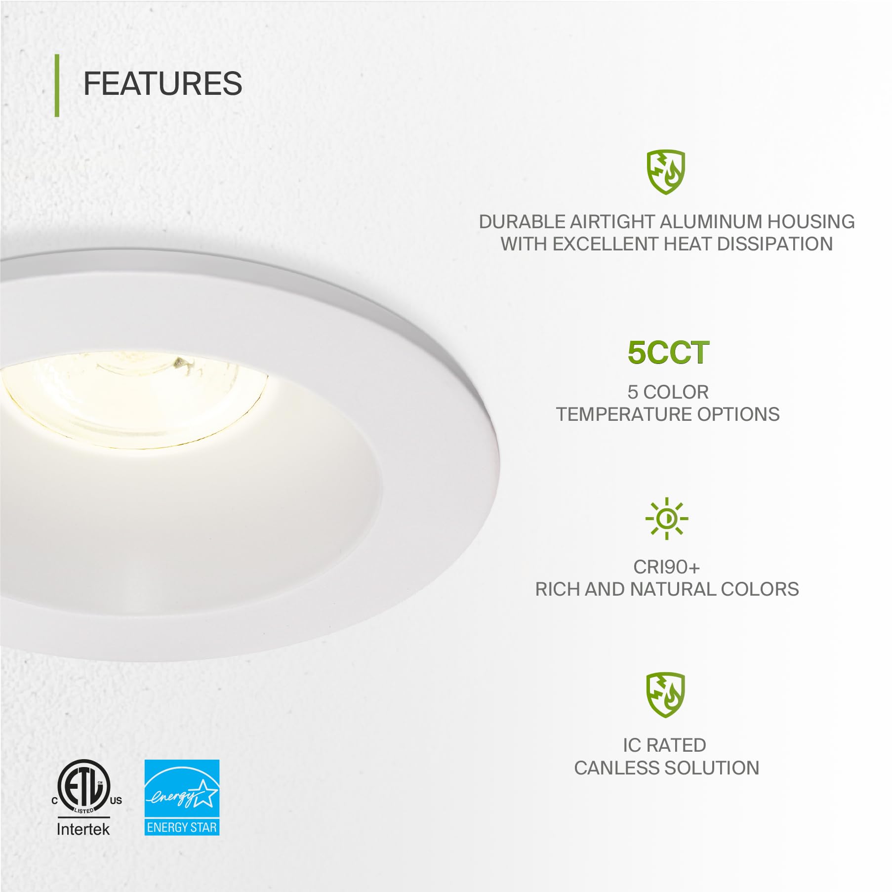 ASD 2 Inch LED Recessed Lighting, 15W 120V LED Downlight, 5 CCT 2700K-5000K, Canless Dimmable LED Downlights for Ceiling with J-Box, Smooth Reflector, CRI 90+, IC Rated, ETL Energy Star, White 18 Pack