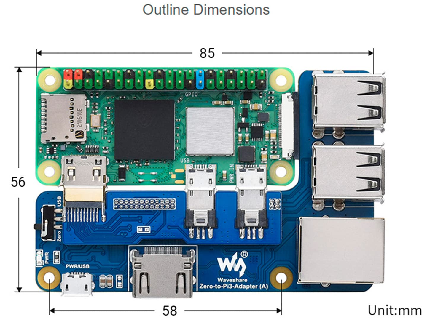 Raspberry Pi Zero to Pi 3B/3B+ Adapter, Connect Raspberry Pi Zero/W/Zero 2 W to Replace Raspberry Pi 3 Model B/3B+, Compatible with Pi 3B/3B+ Hats, Support 1-CH RJ45 Ethernet Port, 10/100 M Adaptive