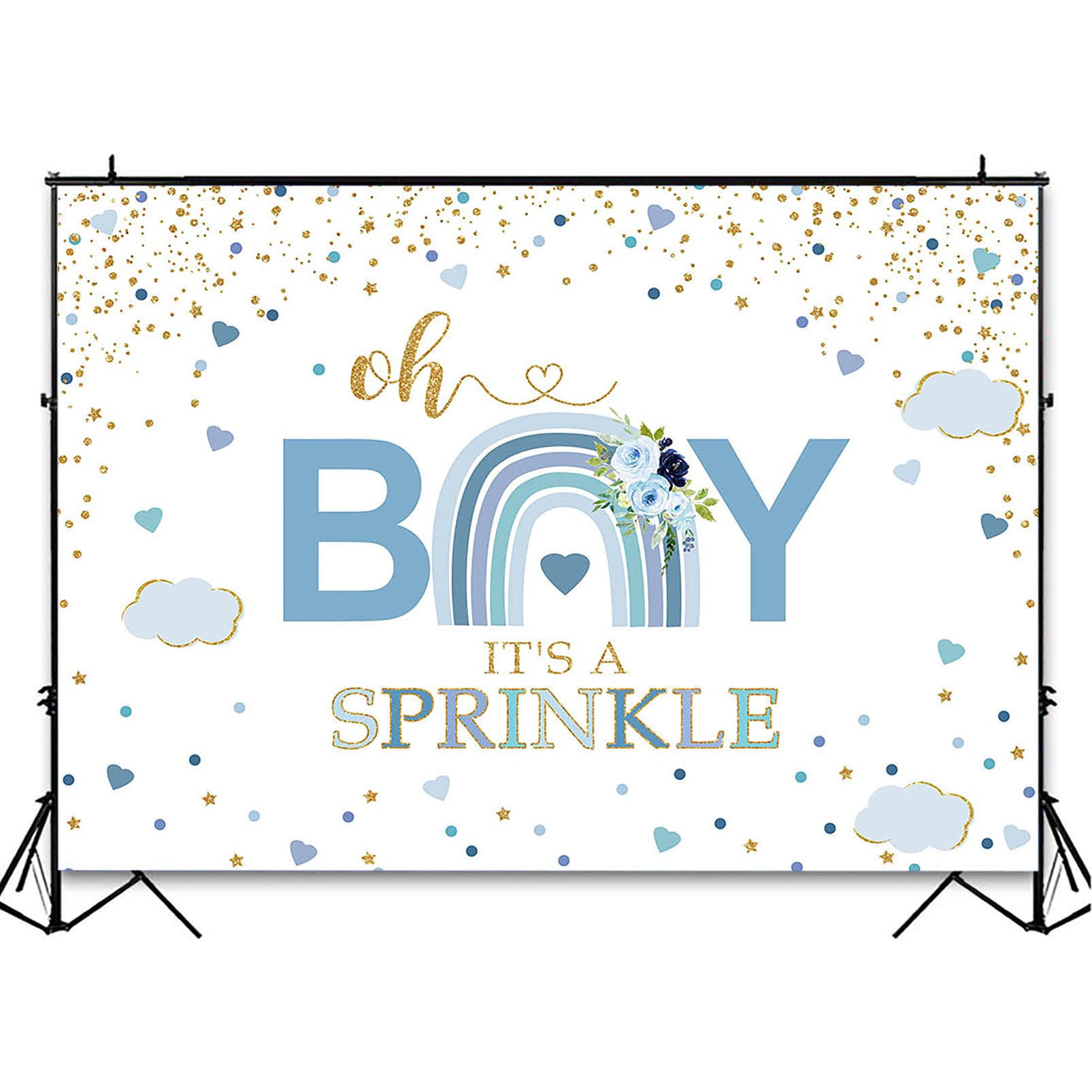 Avezano Blue Rainbow Baby Shower Backdrop for Boy Rainbow Baby Sprinkle Decorations Photography Background Pastel Rainbow Blue and Gold Confetti Oh Boy Party Photoshoot Decor (7x5ft)