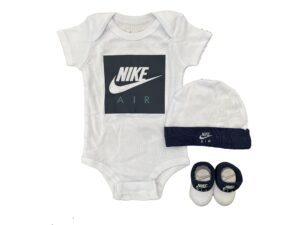 nike air baby boy bodysuit, hat and booties 3 piece set (o(ln0058-001)/w, 0-6 months)