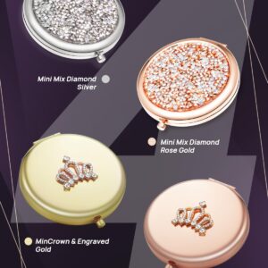 OMIRO 1X/10X(300R) Magnifying Compact Mirror, Mini Mix Diamond Metal Pocket Makeup Mirror (Rose Gold)