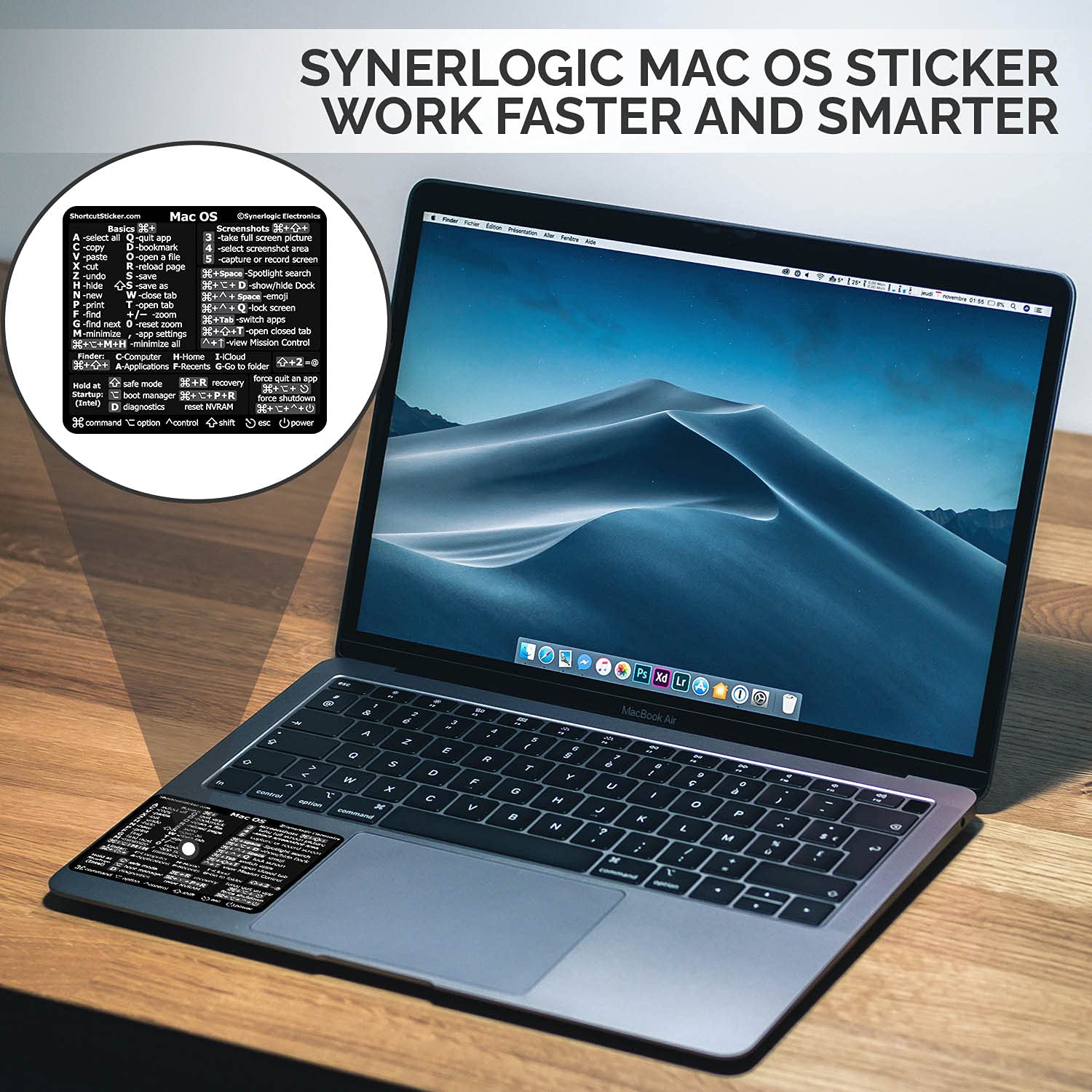 SYNERLOGIC (Intel CPU) Mac OS (Monterey/Big Sur/Catalina/Mojave etc) Reference Keyboard Shortcut Sticker, Laminated Vinyl, No-Residue, for MacBook Air/Pro/iMac/Mini (Black, Pack of 3)