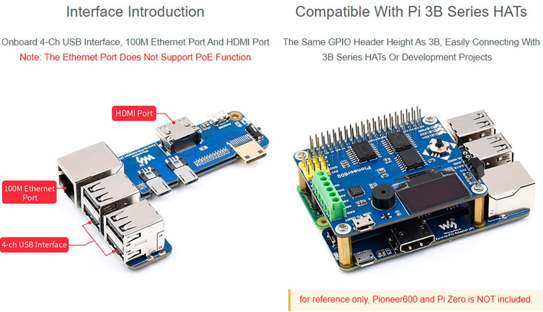 Raspberry Pi Zero to Pi 3B/3B+ Adapter, Connect Raspberry Pi Zero/W/Zero 2 W to Replace Raspberry Pi 3 Model B/3B+, Compatible with Pi 3B/3B+ Hats, Support 1-CH RJ45 Ethernet Port, 10/100 M Adaptive