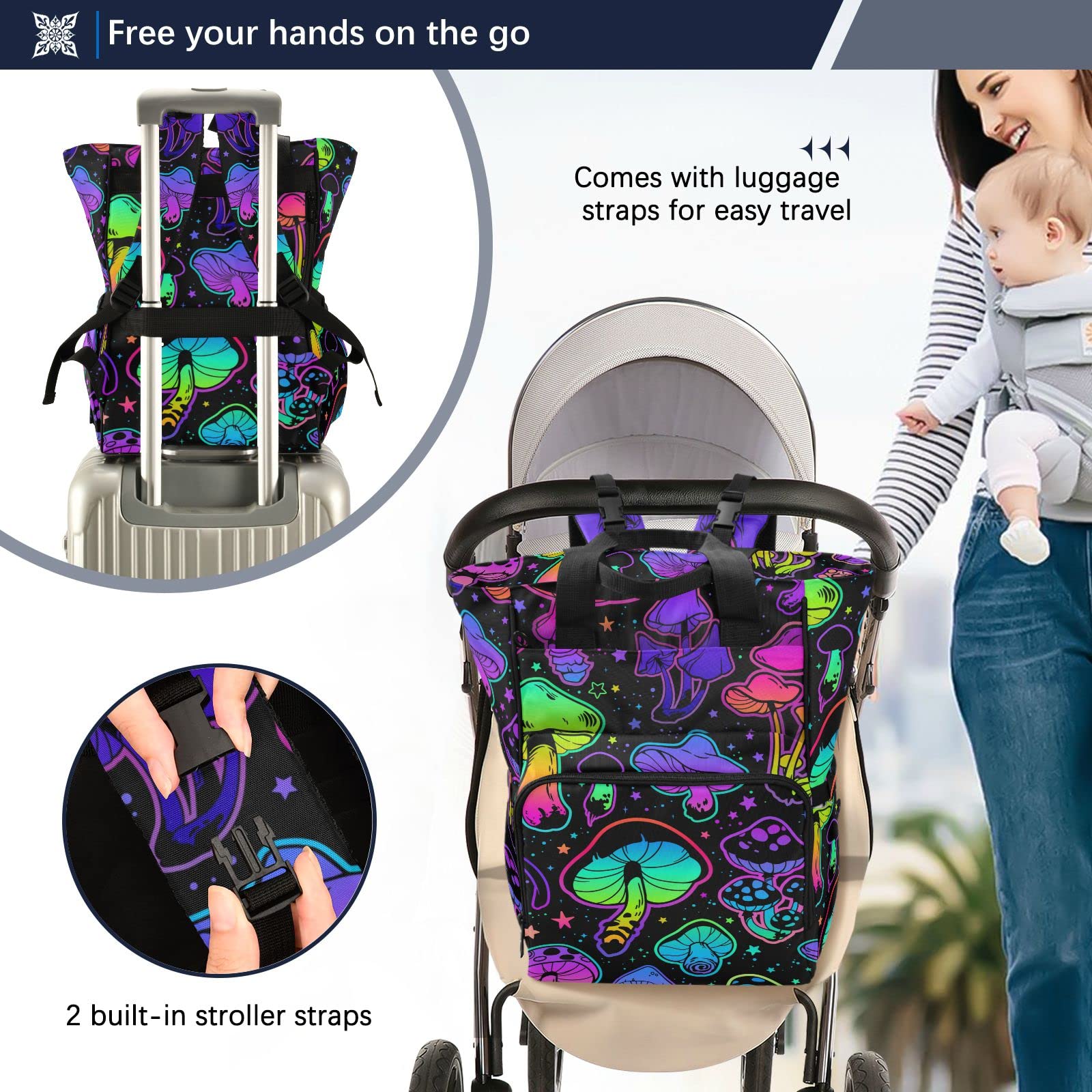 ZENWAWA Rainbow Color Mushroom Diaper Backpack Multifunctional Nappy Backpack Bag Tote Unisex Large Capacity with Stroller Straps Insulated Feeding Bottle inserts for Outdoor Hiking Travel