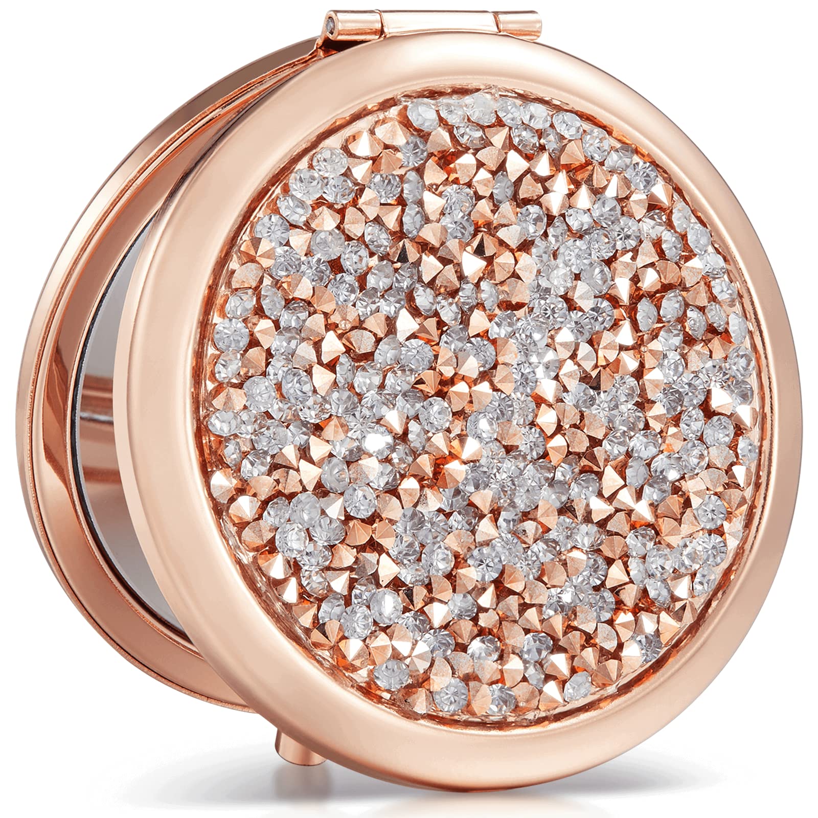 OMIRO 1X/10X(300R) Magnifying Compact Mirror, Mini Mix Diamond Metal Pocket Makeup Mirror (Rose Gold)