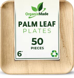 organix made - disposable palm leaf bamboo plates, 6 inch square (50 plates) - appetizer and dessert dinnerware plates - biodegradable, compostable, & eco-friendly plates - light & sturdy