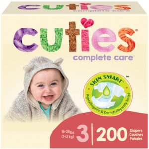 cuties | skin smart, absorbent & hypoallergenic diapers with flexible & secure tabs | bulk case | size 3 | 200 count