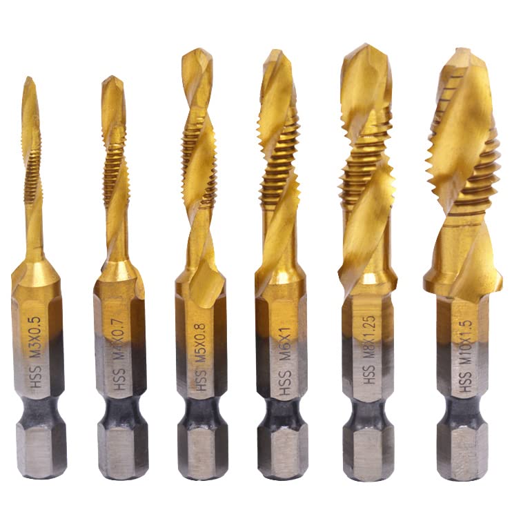 NUSHKI 6pcs1/4 Inch Hex HSS High Speed Steel Thread Spiral Screw M3 M4 M5 M6 M8 M10 Metric Composite Tap Drill Bit Tap