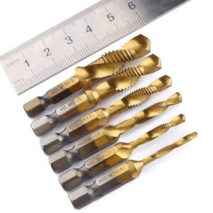 NUSHKI 6pcs1/4 Inch Hex HSS High Speed Steel Thread Spiral Screw M3 M4 M5 M6 M8 M10 Metric Composite Tap Drill Bit Tap