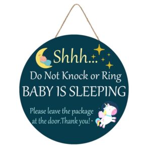 cute baby sleeping hanging sign plaque, do not knock or ring the bell, round wooden door hanger for baby room, nursery, front door, door knob decor, shhh sleeping baby door sign (12x12inch)