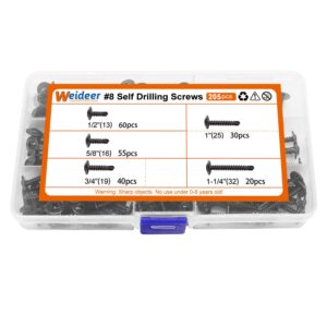 weideer #8 Self Drilling Screws Self Tapping Tek Screws Assortment Kit Black Oxide Truss Head Sheet Metal Screws 410 Stainless Steel 205pcs (1/2" to1-1/4)