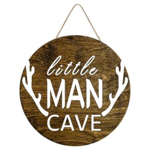 little man cave, wood wall sign for nursery bedroom living room rustic home decor crib decorations woodland aesthetic round kids gift newborn boys, new mom, 12x12 in