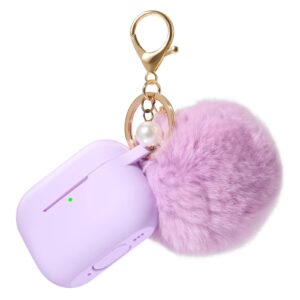 case cover for airpods pro 2nd generation charging case 2022, soft silicone protective case with keychain and cute puff pom pom ball kit front led visible (lavender purple)