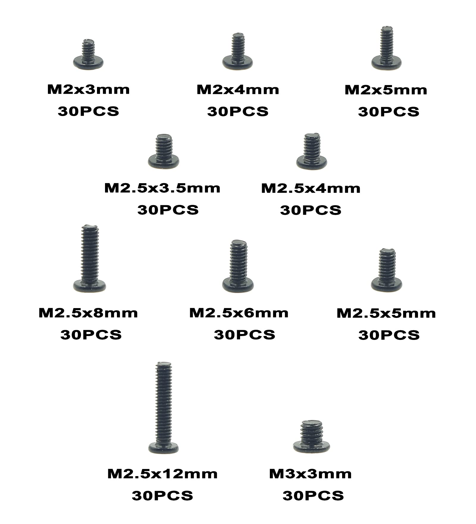 MCMASKE 10 Kinds M2 M2.5 M3 Undercut Flat Head Phillips Laptop Screws Assortment Kit,Black Dacromet Finish (300)