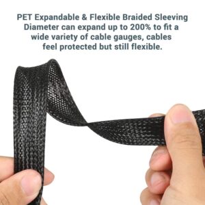 100ft-1/4inch PET Expandable Braided Sleeving Wire Loom Cable Sleeves Automotive Wire Sleeve Cable Management Wrap Wire Protector Tubing Desk Wire Organizer for Home, Office, Audio HDMI Cable, Black