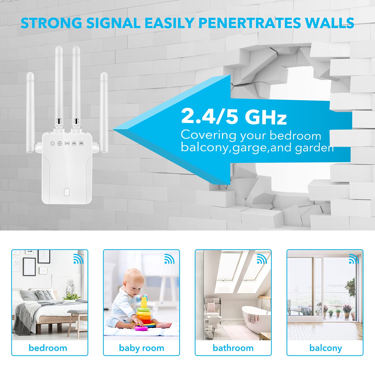 WiFi Range Extender Signal Booster - 1200Mbps WiFi Extender Covers up to 9800sq.ft, 2.4G/5G WiFi Booster and Signal Amplifier, Wireless Internet Booster for Home, 1-Tap Quick Setup