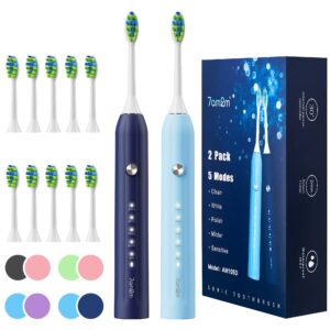 7am2m rechargeable sonic electric toothbrush 2 pack, soft toothbrushes for adults and kids with 12 brush heads, ipx7 one charge use for 60 days, 5 modes with 2 minutes build in smart timer