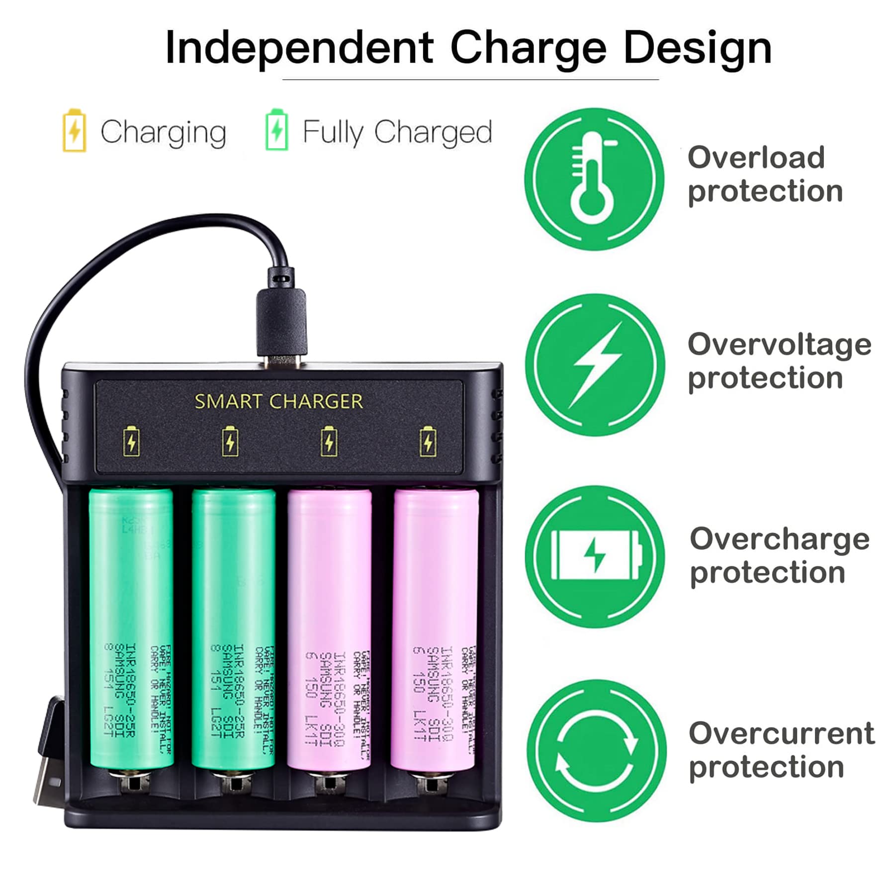 18650 Battery Charger 4 Bay Smart Universal Charger for 3.7V Rechargeable Batteries Li-ion Batteries 18650 26650 14500 16340(CR123) 21700 18490 18350 Batteries (Not Battery)