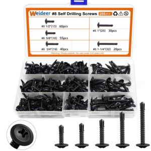 weideer #8 self drilling screws self tapping tek screws assortment kit black oxide truss head sheet metal screws 410 stainless steel 205pcs (1/2" to1-1/4)