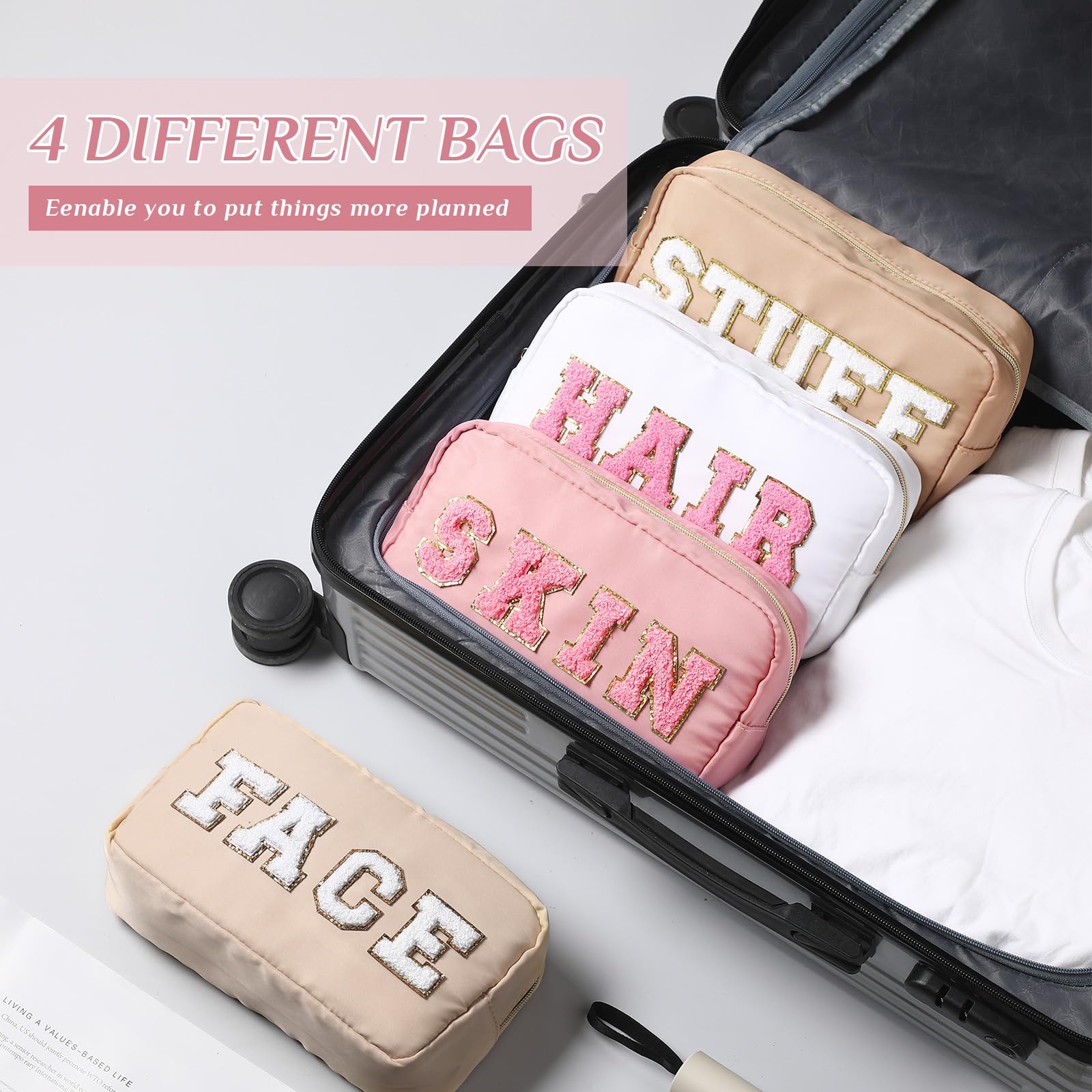 Remerry 4 Pcs Nylon Cosmetic Bag Travel Organizer Chenille Letter Makeup Pouch Zipper Preppy Waterproof Hair Bag Toiletry Pouch for Women Girls(Light Brown, Beige, Light Pink, White)