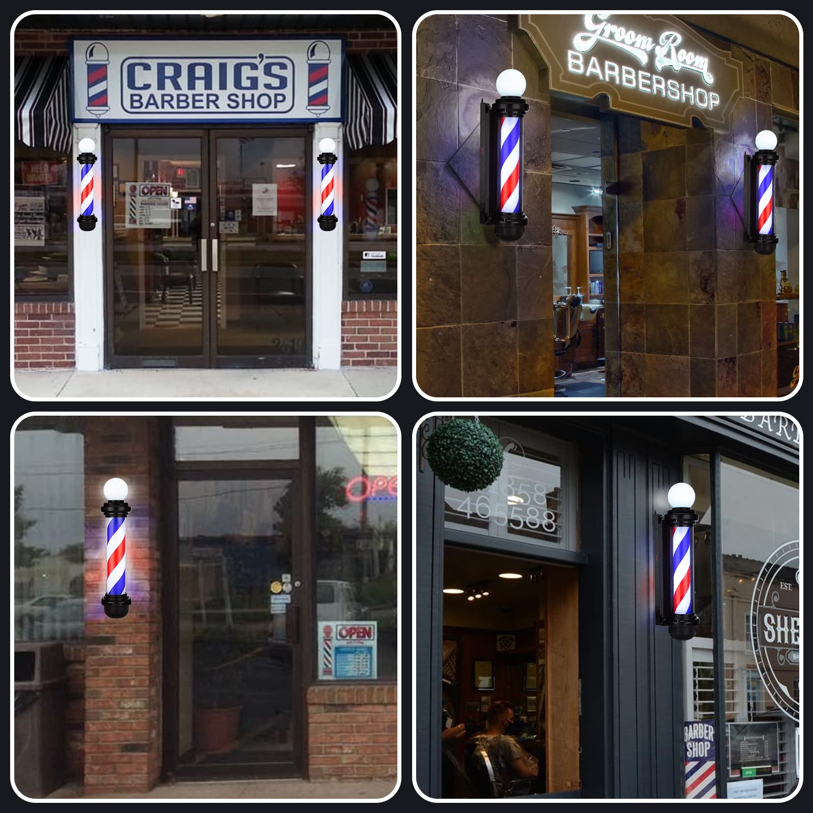 Noverlife 34in Barber Pole LED Sign, Barber Shop Pole Red Blue White Stripes Light, Classic Hair Salon Open Sign, Traditional Barbershop Ideas Wall Mount Rotating Light Waterproof Save Energy Lamp