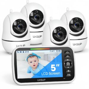 baby monitor with 4 cameras and audio - 5” display video baby monitor with 30 hours battery life, remote pan & tilt, 2x zoom,auto night vision, 2 way talk, temperature sensor,lullabies,960 feet range