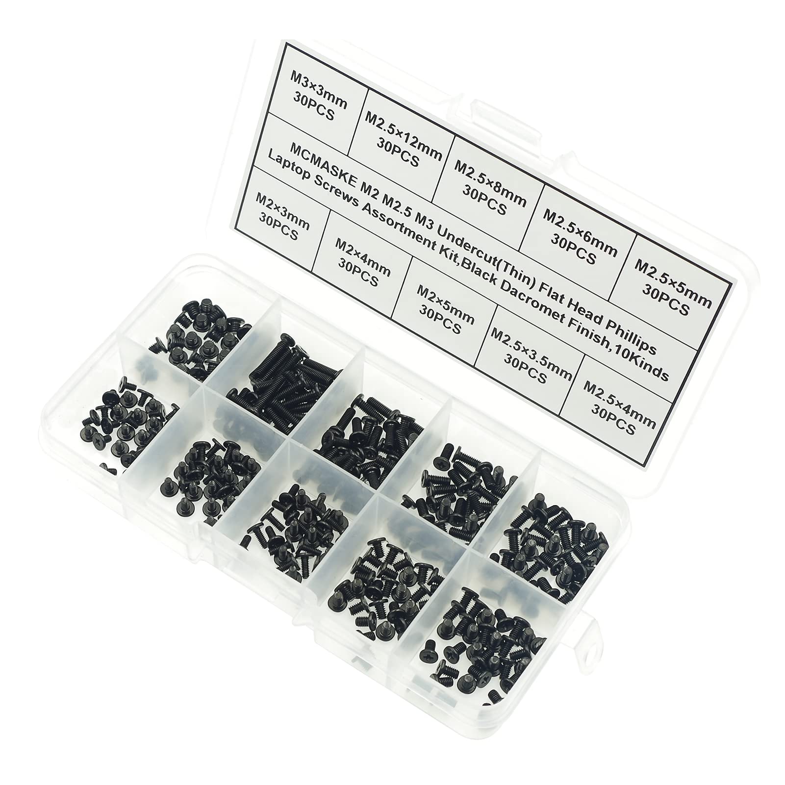 MCMASKE 10 Kinds M2 M2.5 M3 Undercut Flat Head Phillips Laptop Screws Assortment Kit,Black Dacromet Finish (300)