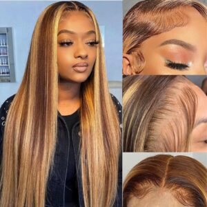 superlook honey blonde lace front wigs human hair 13x4 ombre lace front wig human hair 4/27 highlight lace front wigs human hair 200% density hd lace frontal wig (20inch,4/27 13x4 straight)