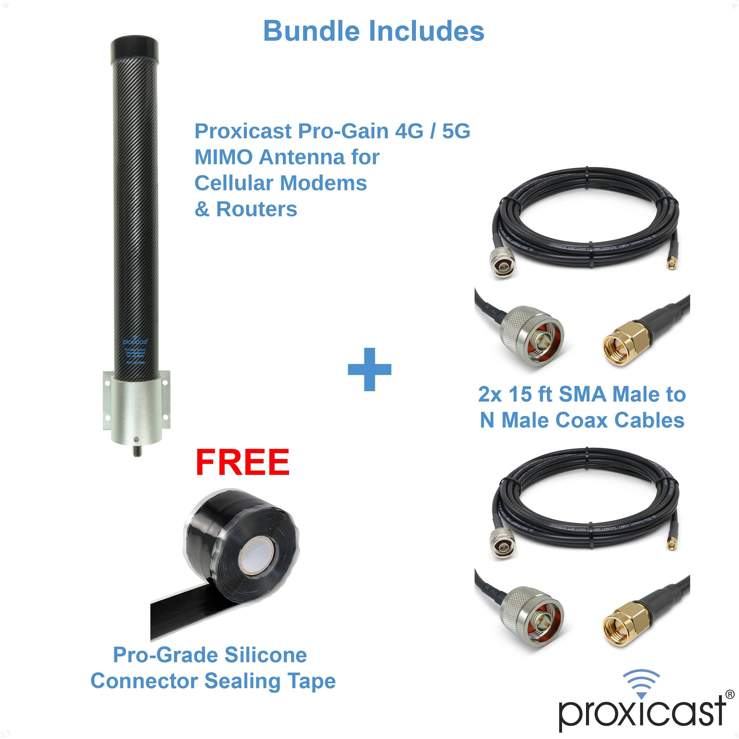 Proxicast Pro-Gain 4G / 5G MIMO Antenna + 2X 15 ft Pro Grade Low Loss CFD240 Coax Cable + Free Self-Fusing Silicone Rubber Sealing Tape Bundle (ANT-127-05M-BDL-15)